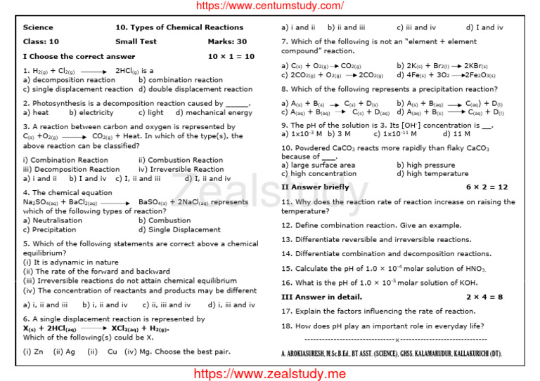 Zealstudy: Science 10. Types of Chemical Reactions Class: 10 Small Test ...
