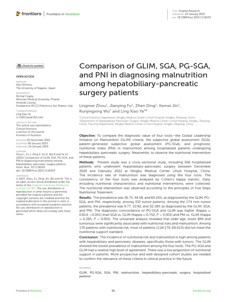 Comparison of GLIM, SGA, PG-SGA, and PNI in Diagnosing Malnutrition ...