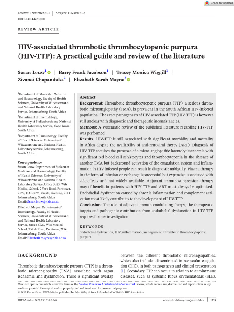 HIV Medicine - 2022 - Louw - HIV Associated Thrombotic Thrombocytopenic Purpura HIV TTP A ...