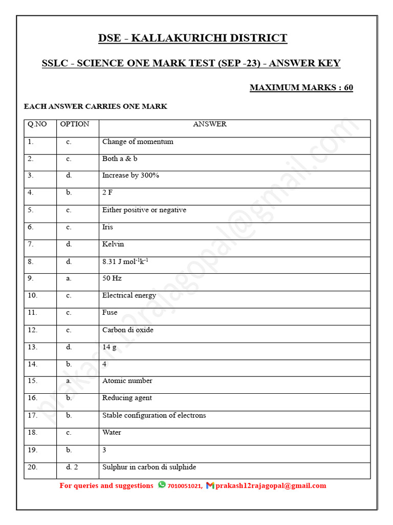 SSLC Science One Mark Test Answer Key | PDF | Chemistry | Physical Sciences
