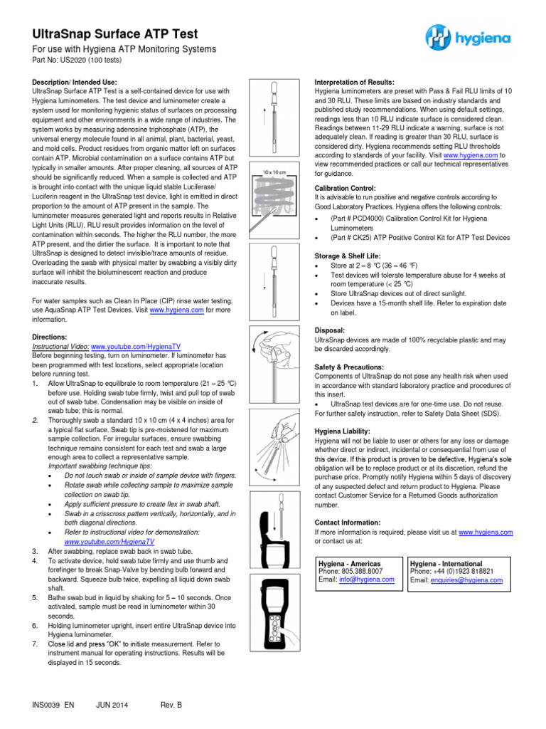 Ultrasnap Surface Atp Test: For Use With Hygiena Atp Monitoring Systems ...