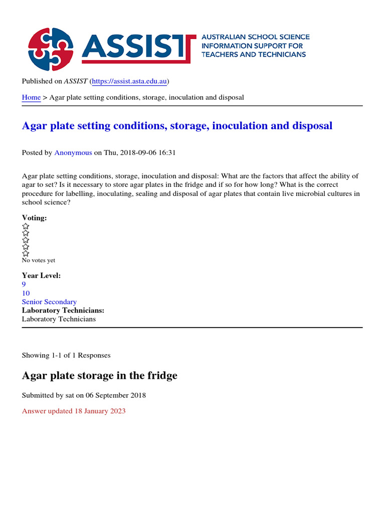 ASSIST - Agar Plate Setting Conditions, Storage, Inoculation and ...