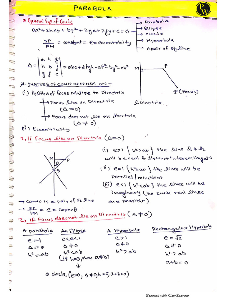 Conic Section (Parabola) - Hand Written Notes | PDF