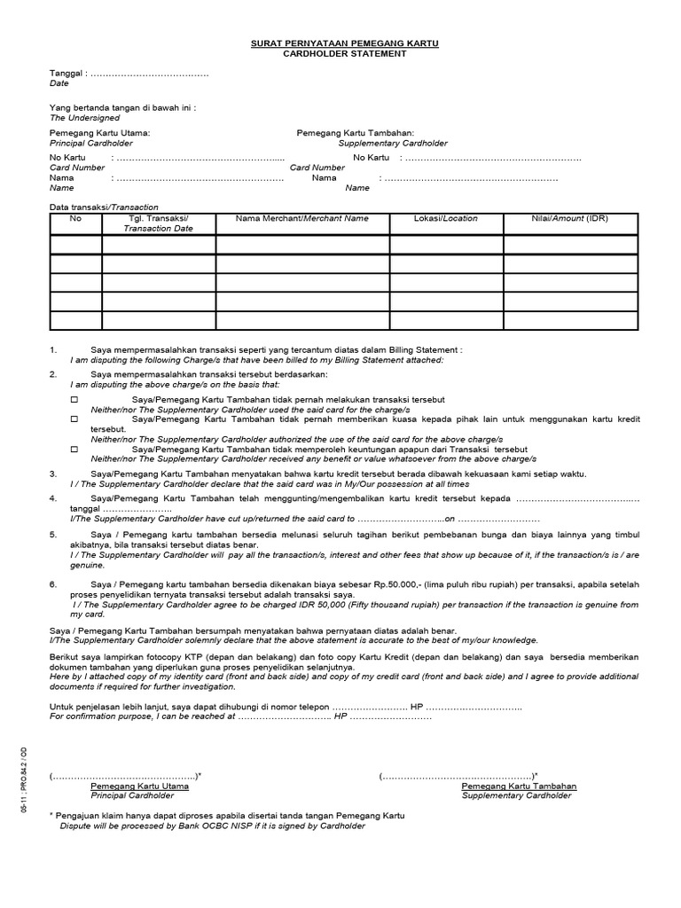 Form Sanggahan Transaksi Kartu Kredit | PDF