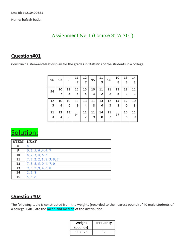Sta301 Assingment | PDF | Statistics | Statistical Theory
