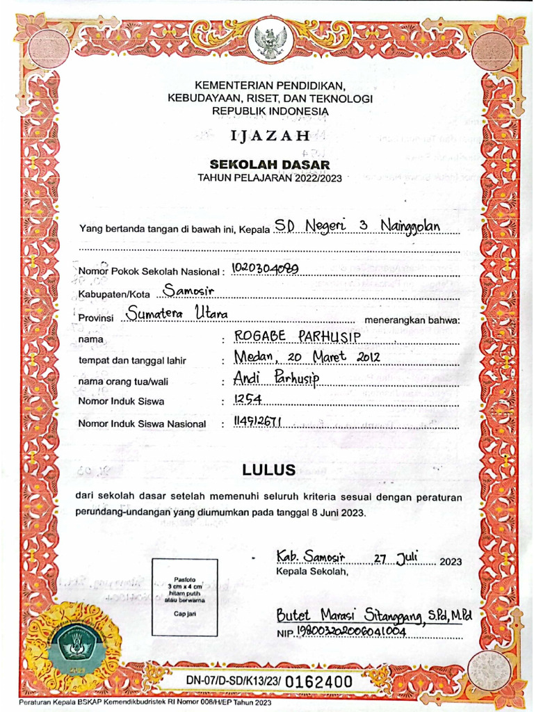 Contoh Penulisan Ijazah SD | PDF