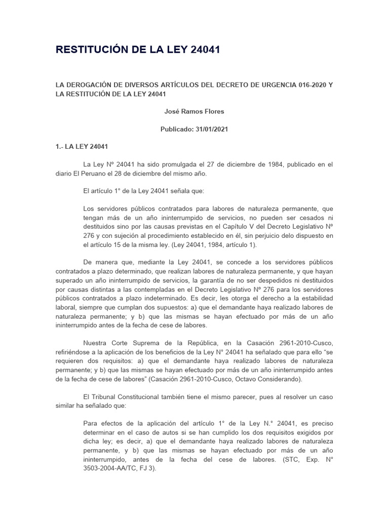 Restitución de La Ley 24041 | PDF