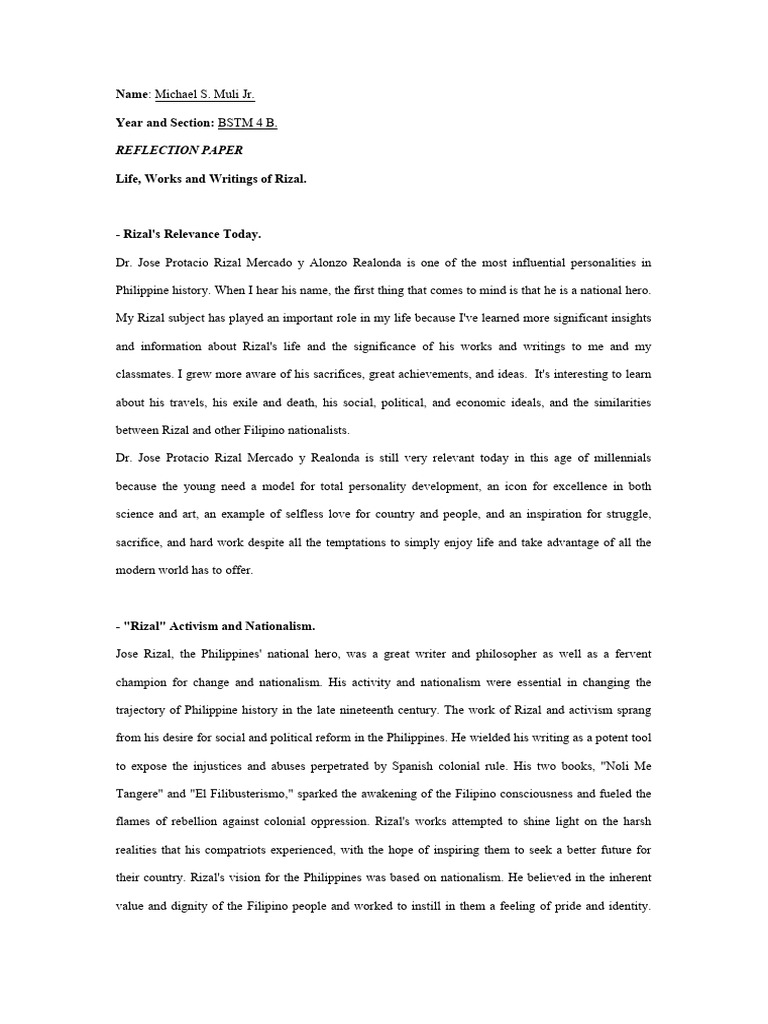 Reflection paper. Rizal, life and works | PDF | Nationalism | Philippines
