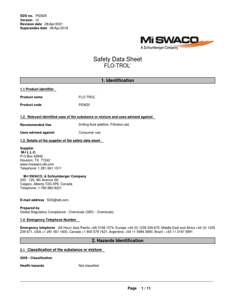 FLO-TROL Safety Data Sheet Summary | PDF | Personal Protective ...
