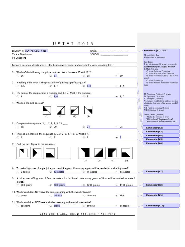 USTET 2015 Mental Ability Test | PDF | Odds
