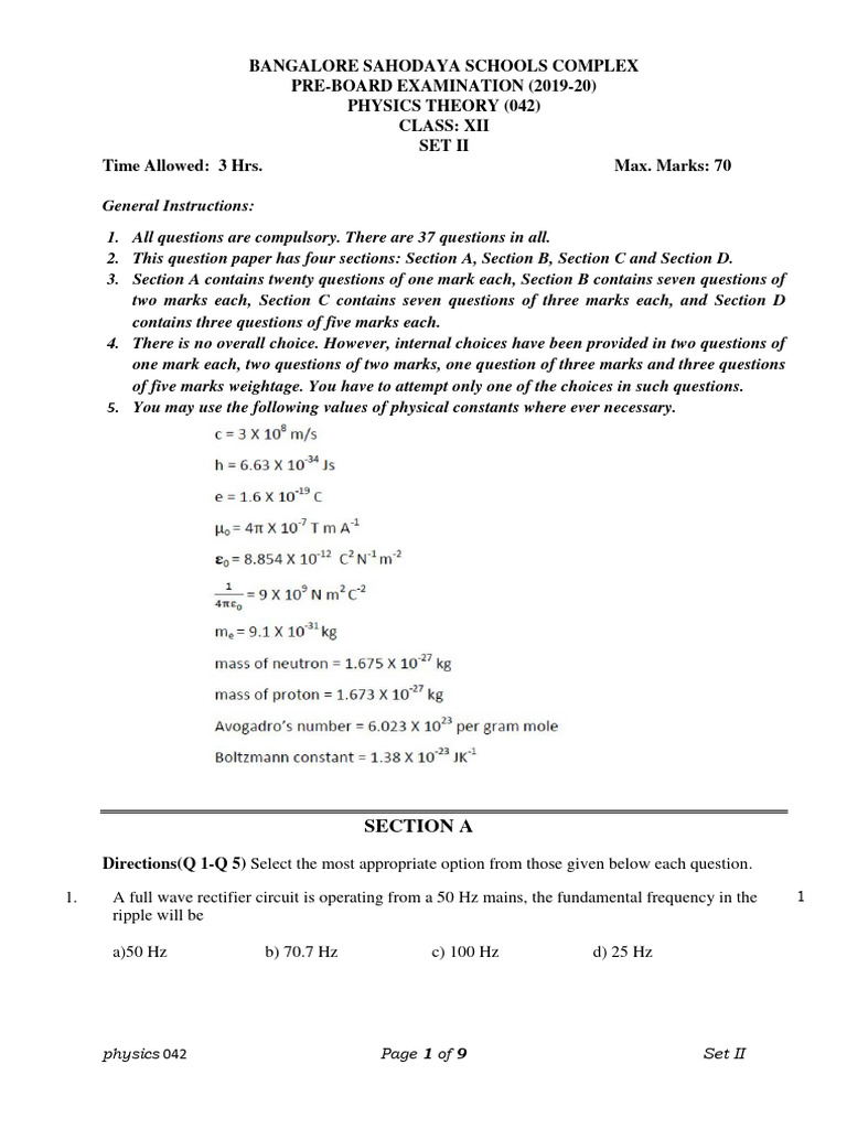 Physics Questions - 2019-20 - SET2 | PDF | Inductor | Capacitor
