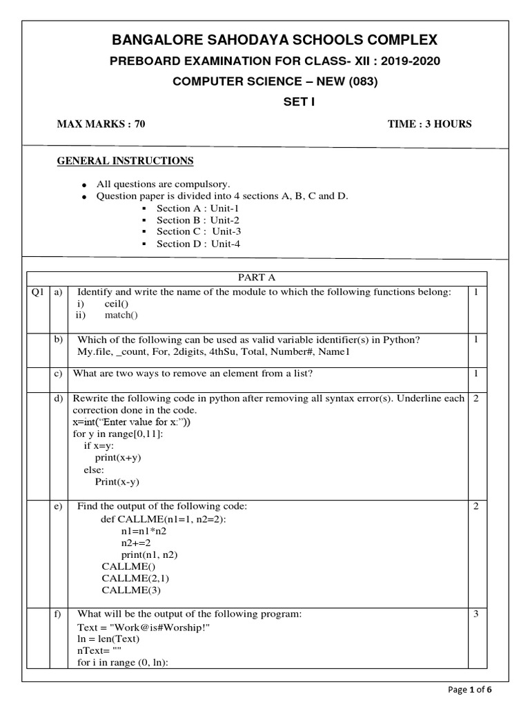 Class XII Computer Science Preboard Exam 2020 | PDF | Computer Network | Computer Data