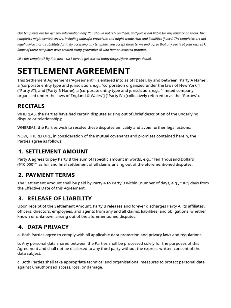 Juro-Settlement Agreement Template | PDF | Civil Law (Legal System ...