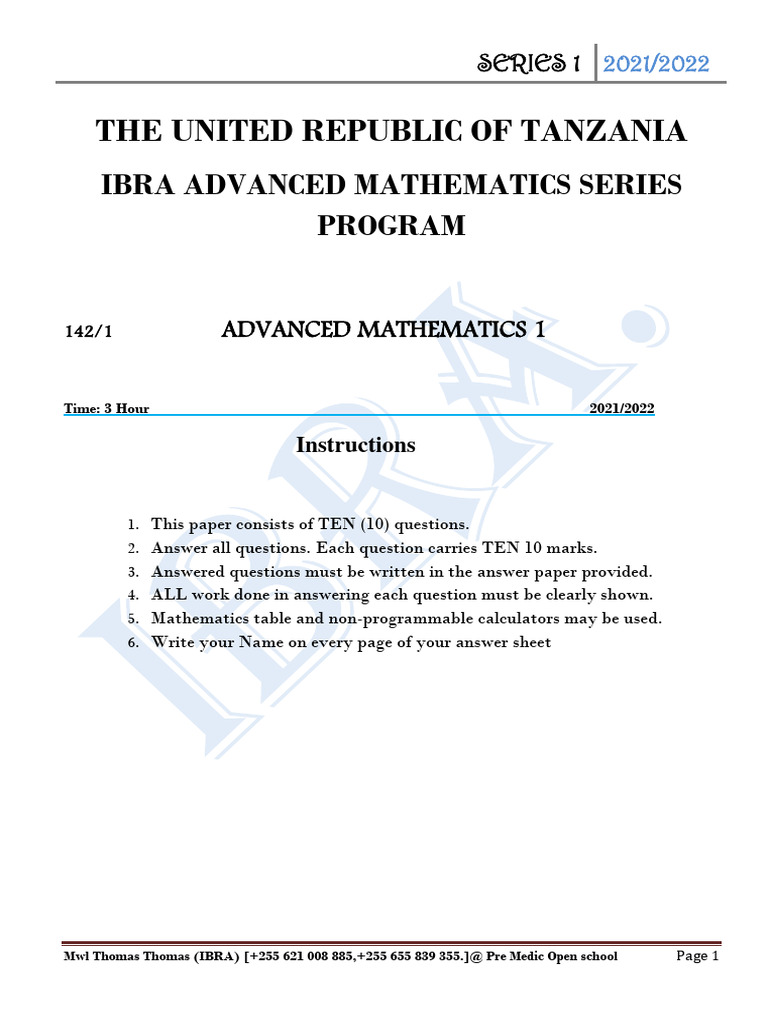 The United Republic of Tanzania: Ibra Advanced Mathematics Series ...