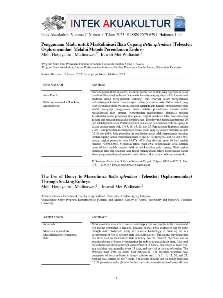 Penggunaan Madu Sebagai Bahan Seks Reversal Alami Untuk Ikan Cupang Betta Splendens (Teleostei ...