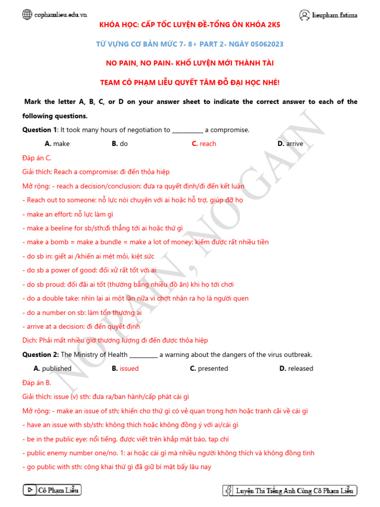 GIẢI CHI TIẾT-COLLOCATIONS PART 2-MỨC ĐỘ 7-8 ĐIỂM-KHÓA CẤP TỐC-BIÊN SOẠN CÔ PHẠM LIỄU | PDF