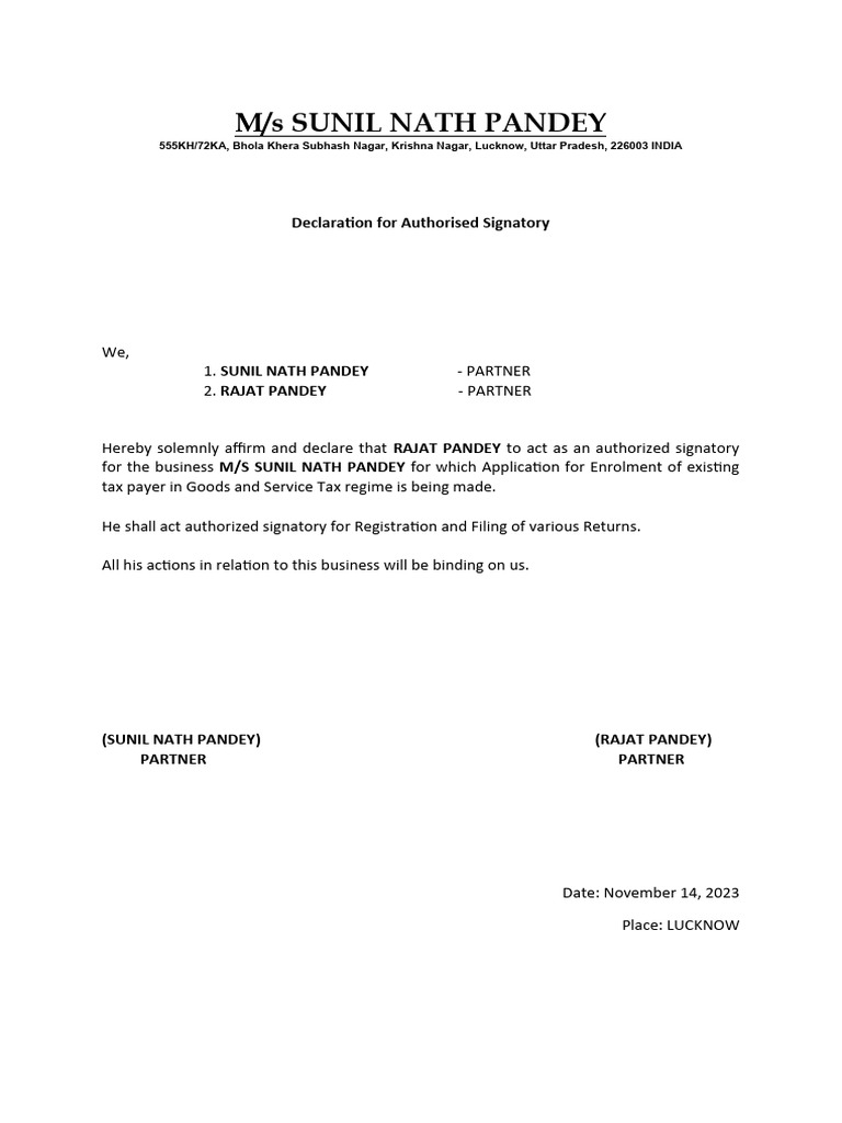 Authorized Signatory Declaration | PDF