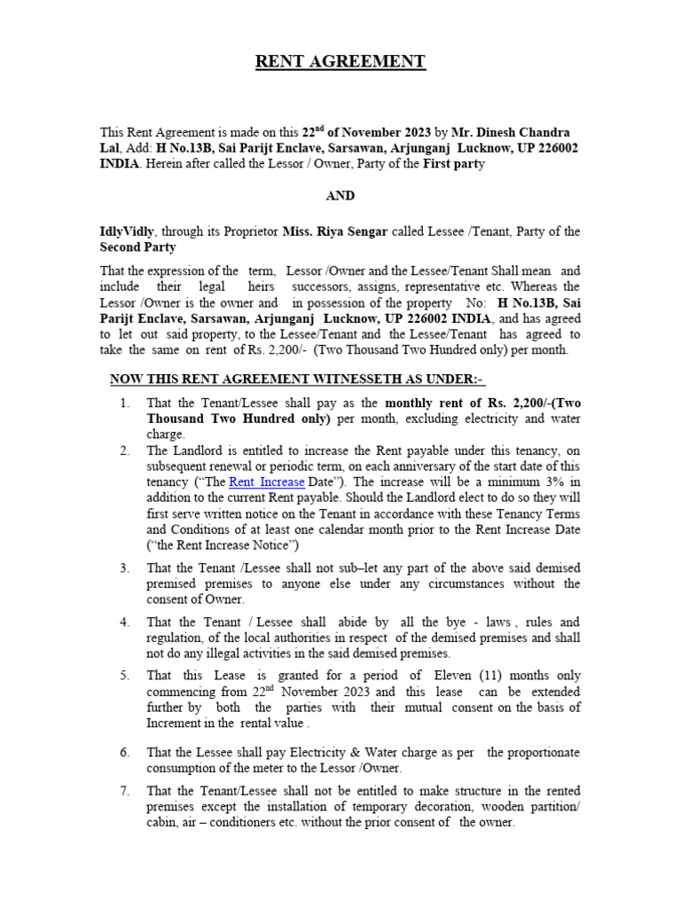 Rent Agreement Format | Download Free PDF | Lease | Leasehold Estate