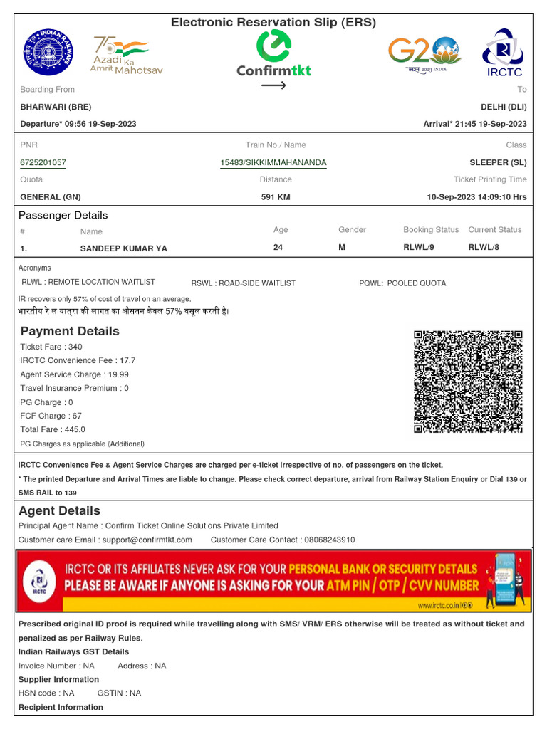 Electronic Reservation Slip (ERS) : Passenger Details | PDF | Identity ...