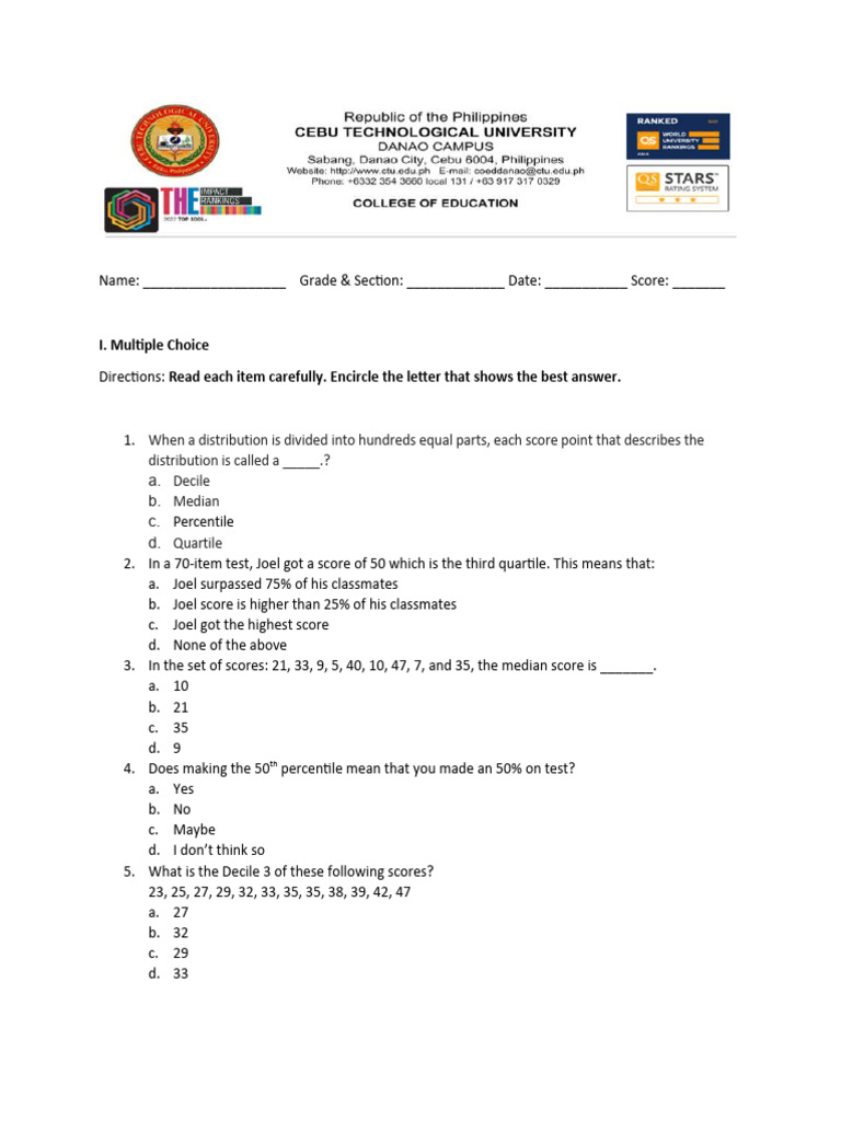 Test Paper in Assessment | PDF | Percentile | Median