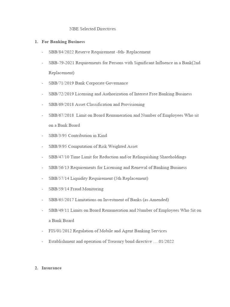 NBE Selected Directives | PDF | Microfinance | Insurance