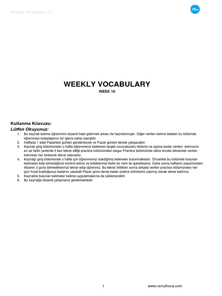Weekly Vocabulary 10 | PDF