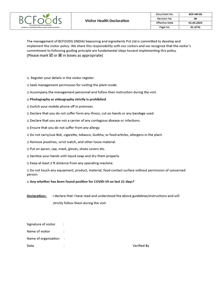 BCF-HR - 08 Visitor Health Declaration | PDF | Medicine | Public Health
