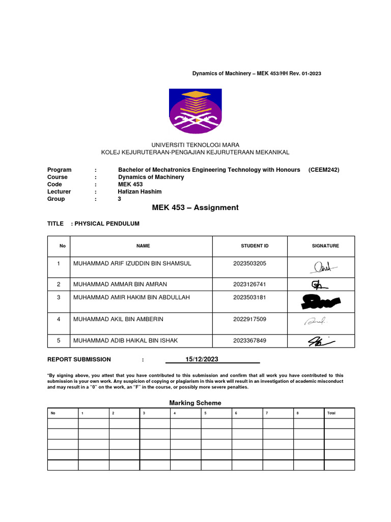 Dynamic Lab 2 Physical Pendulum | PDF | Pendulum | Rotation Around A ...