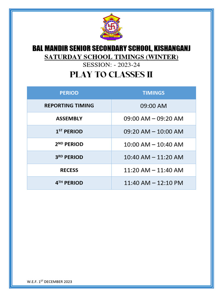 WINTER SCHOOL TIMINGS - Saturday-1 | PDF | Art | Technology & Engineering