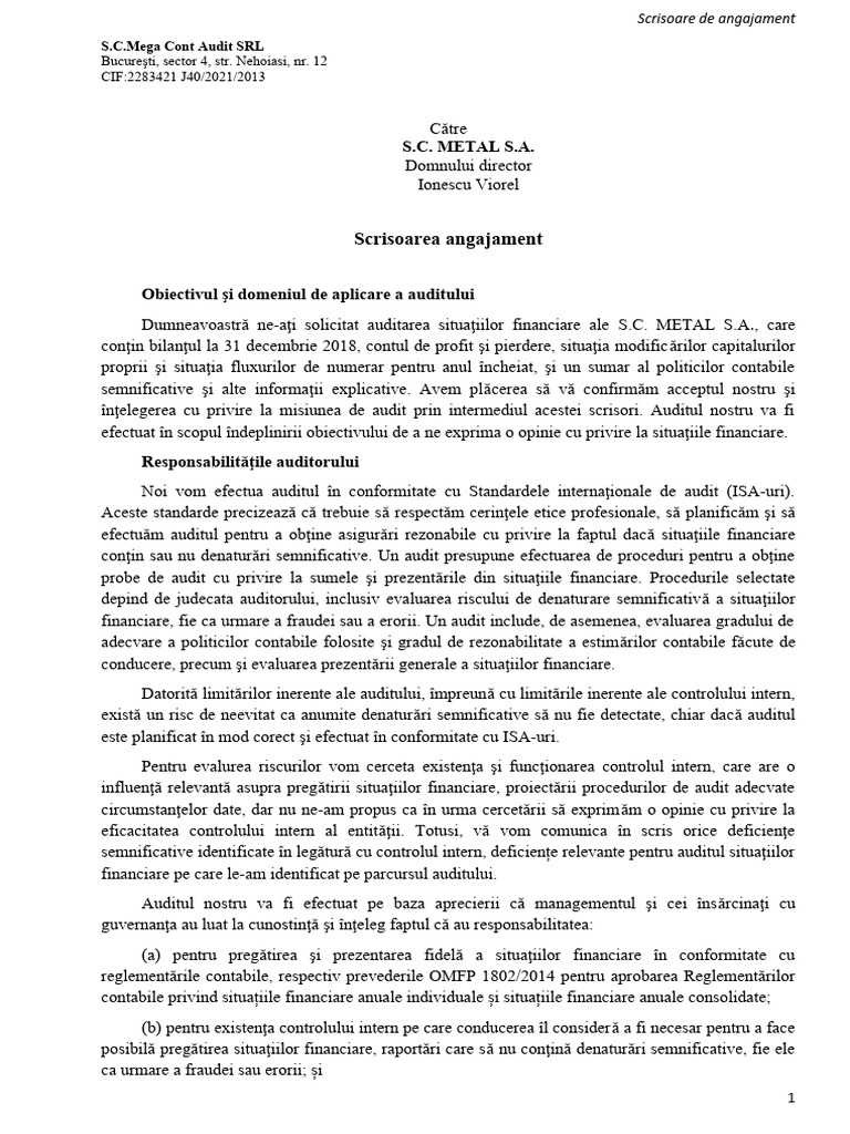 Scrisoare Angajament Metal SA | PDF