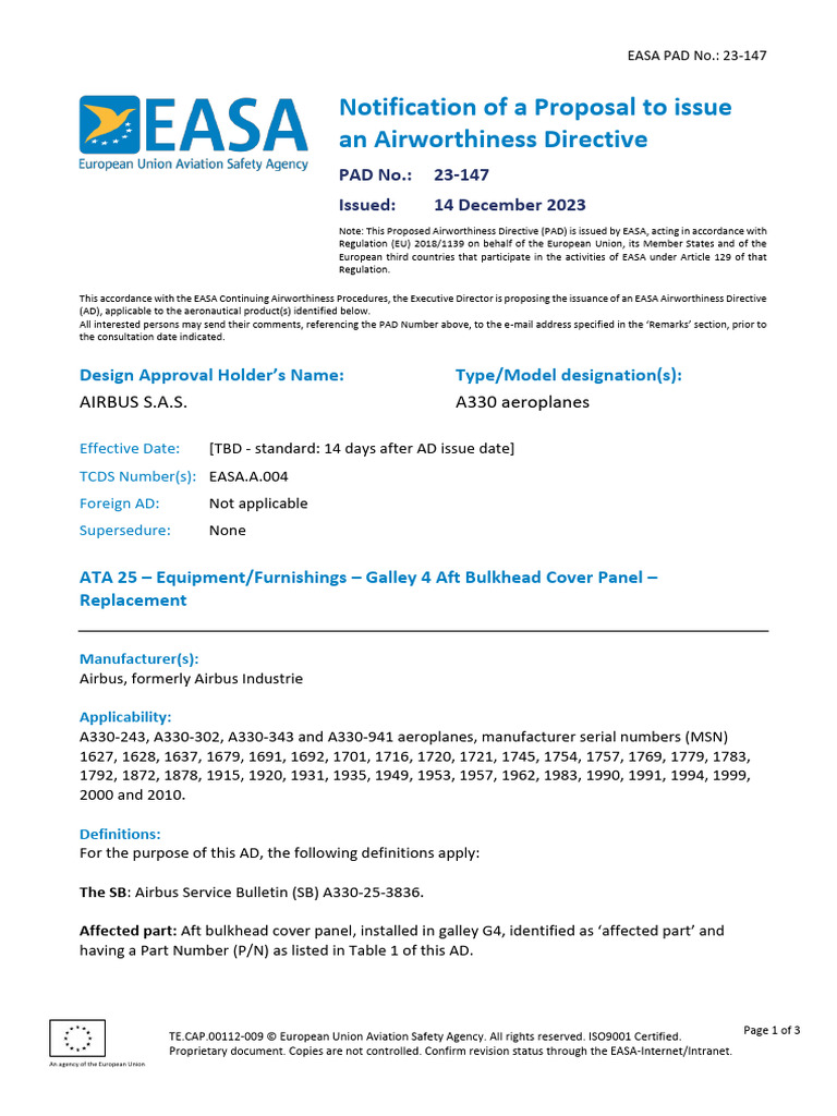 A330 Galley Panel Replacement Directive | PDF