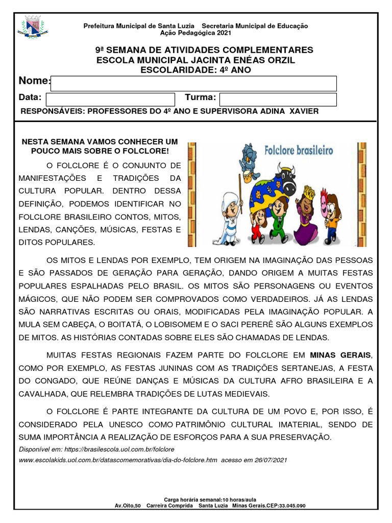 9° ATIVIDADE COMPLEMENTAR | PDF | Folclore | Música folclórica