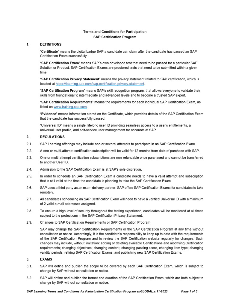 SAP Learning Terms and Conditions For Participation Certification Program | PDF | Certification ...