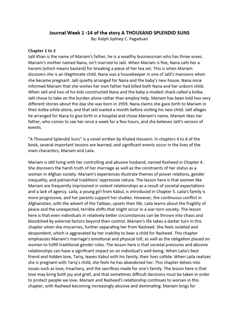 Journal Week 1-14 of The Story A Thousand Splendid Suns | PDF ...