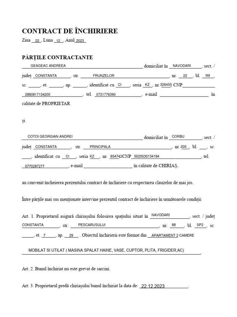 Model Contract Inchiriere Actualizat 2023 | PDF
