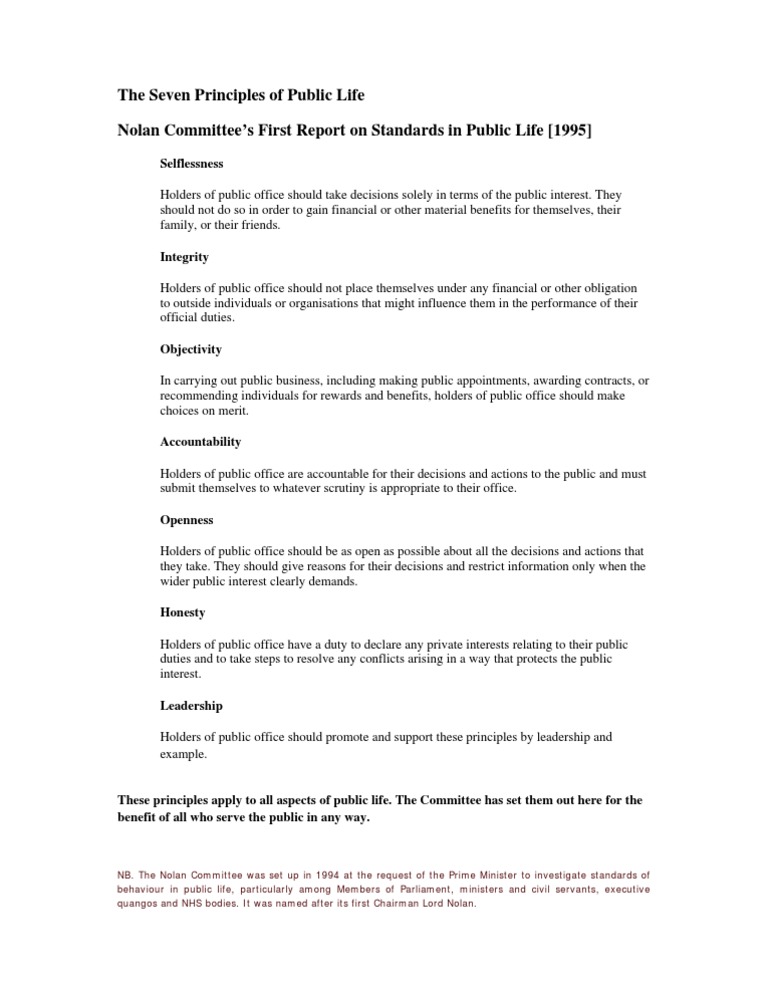 Nolan Committee Report 1994 Seven Principles of Public Life | PDF