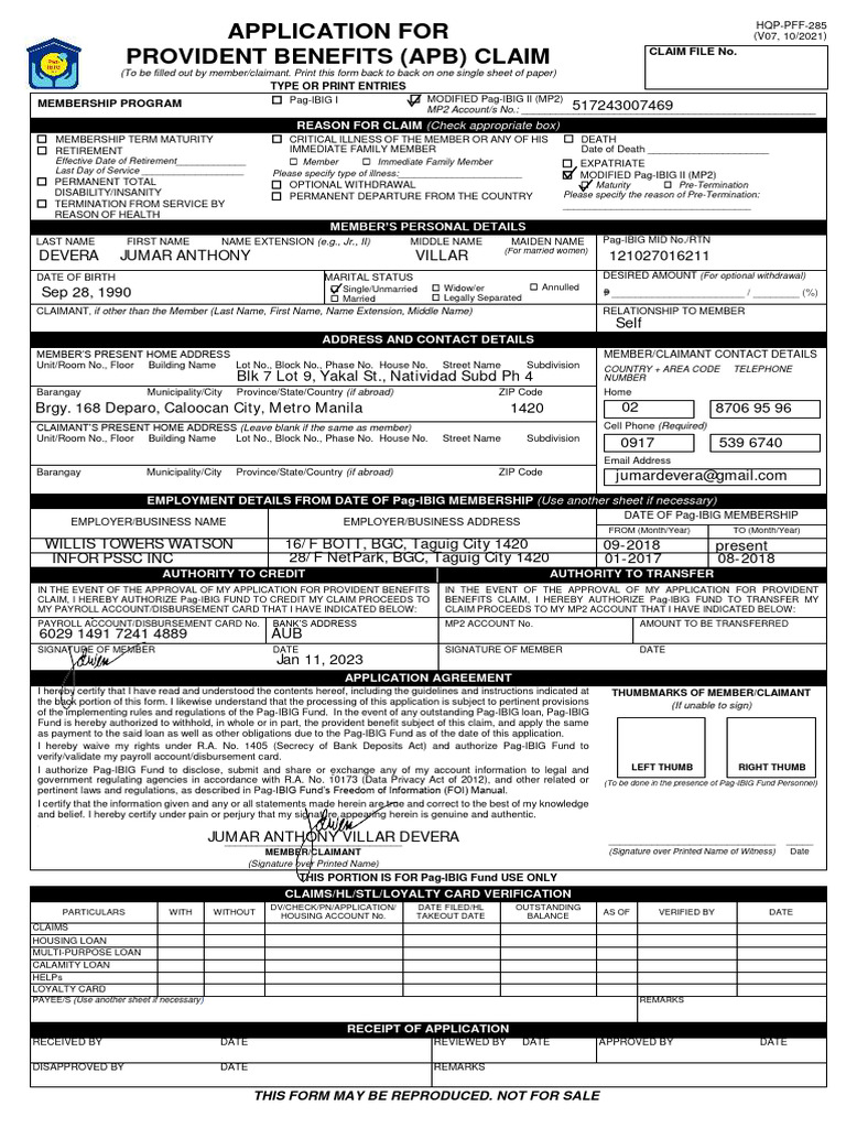 PFF285 ApplicationProvidentBenefitsClaim V07 | PDF | Business