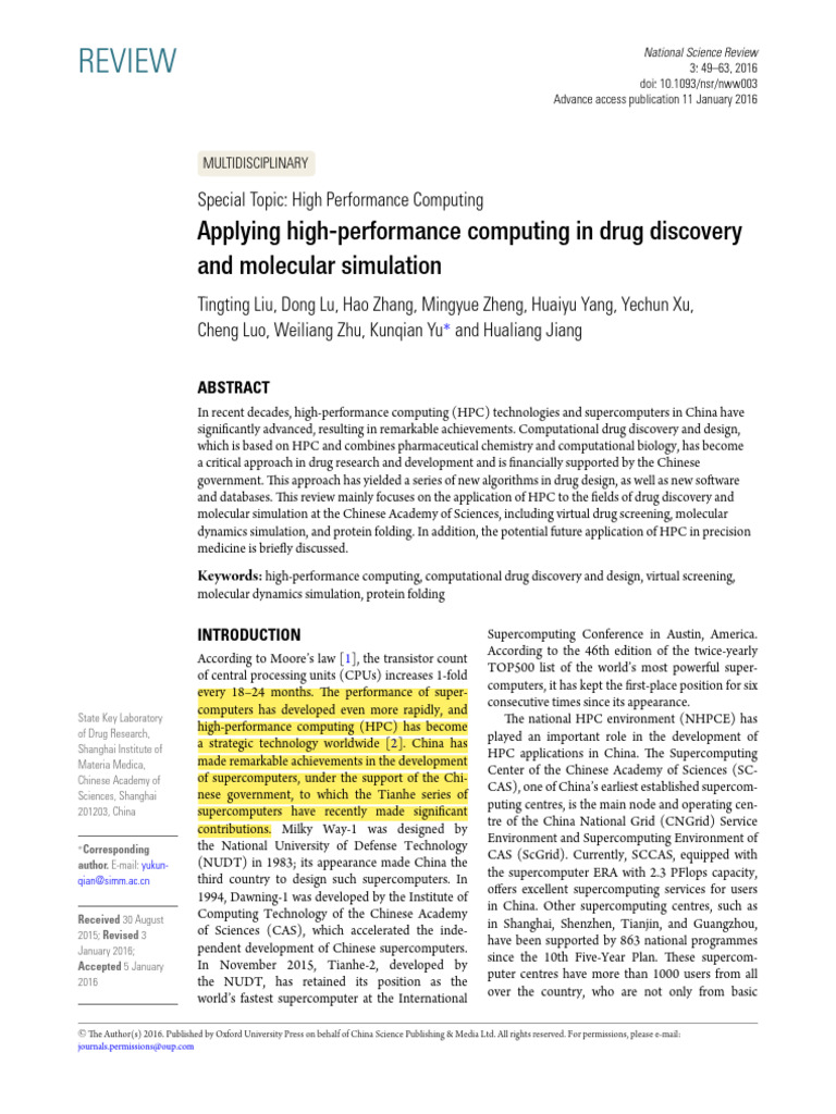 Applying High-Performance Computing in Drug Discovery and Molecular ...
