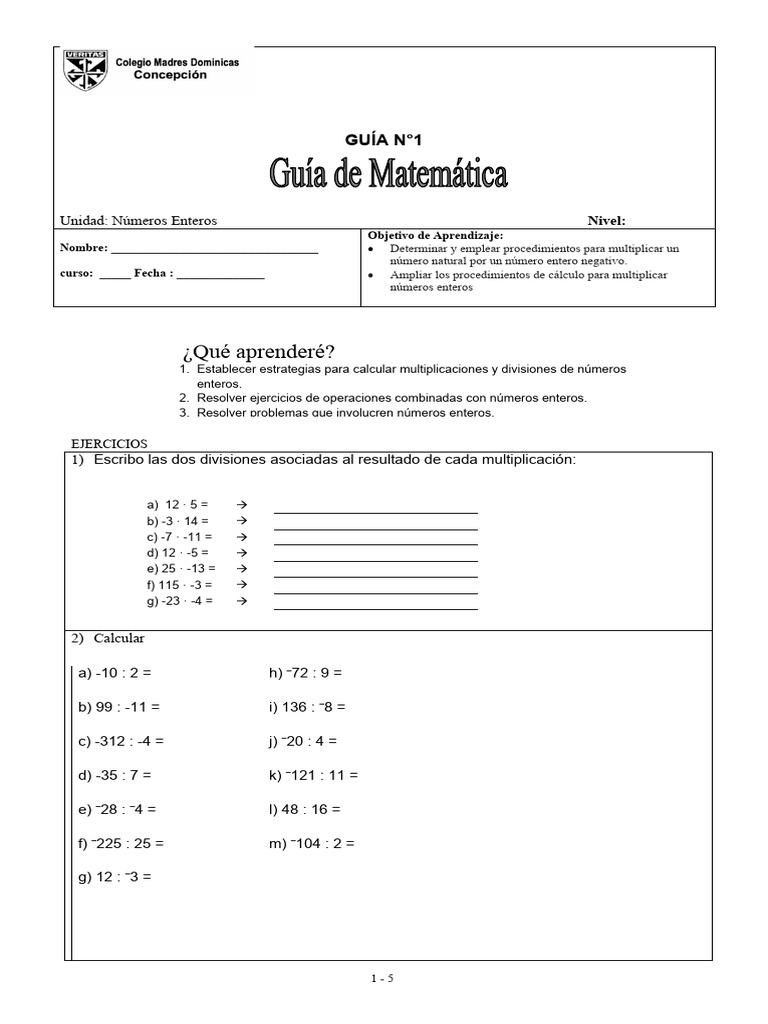 Guia Nº1 (Numeros Enteros) | PDF | Entero | Multiplicación