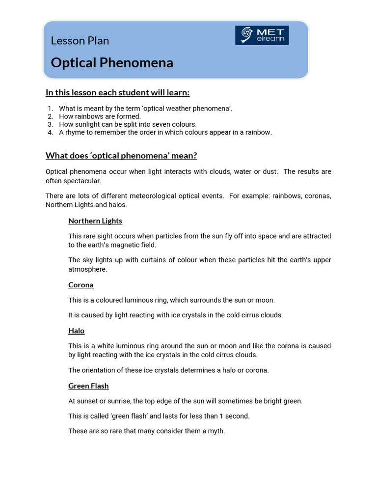 Lesson Plan Optical Phenomena | PDF | Rainbow | Sky