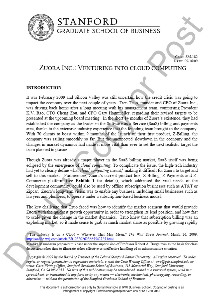 Zoura Inc, Venturing Into Cloud Computing | PDF