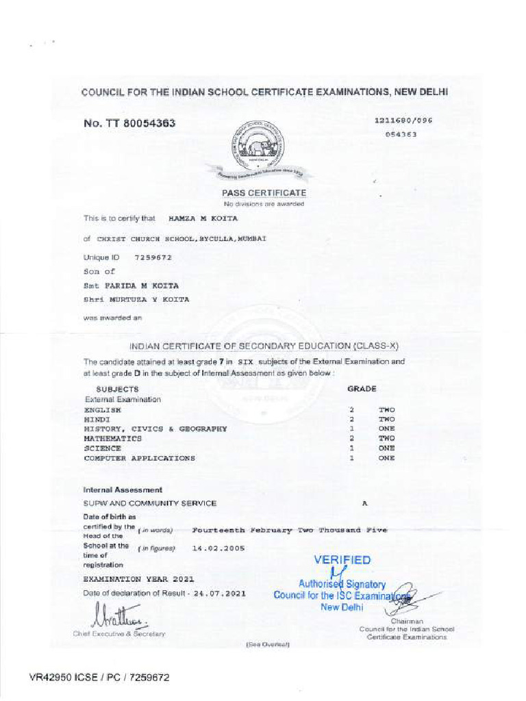 ICSE Pass Certificate-Verified - Compressed | PDF