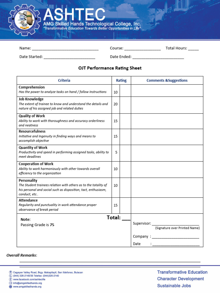 Ojt Rating Sheet Pdf