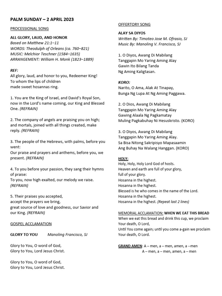 2 April 2023 - Palm Sunday Mass Songs | PDF | Lord's Prayer | Christian Worship And Liturgy