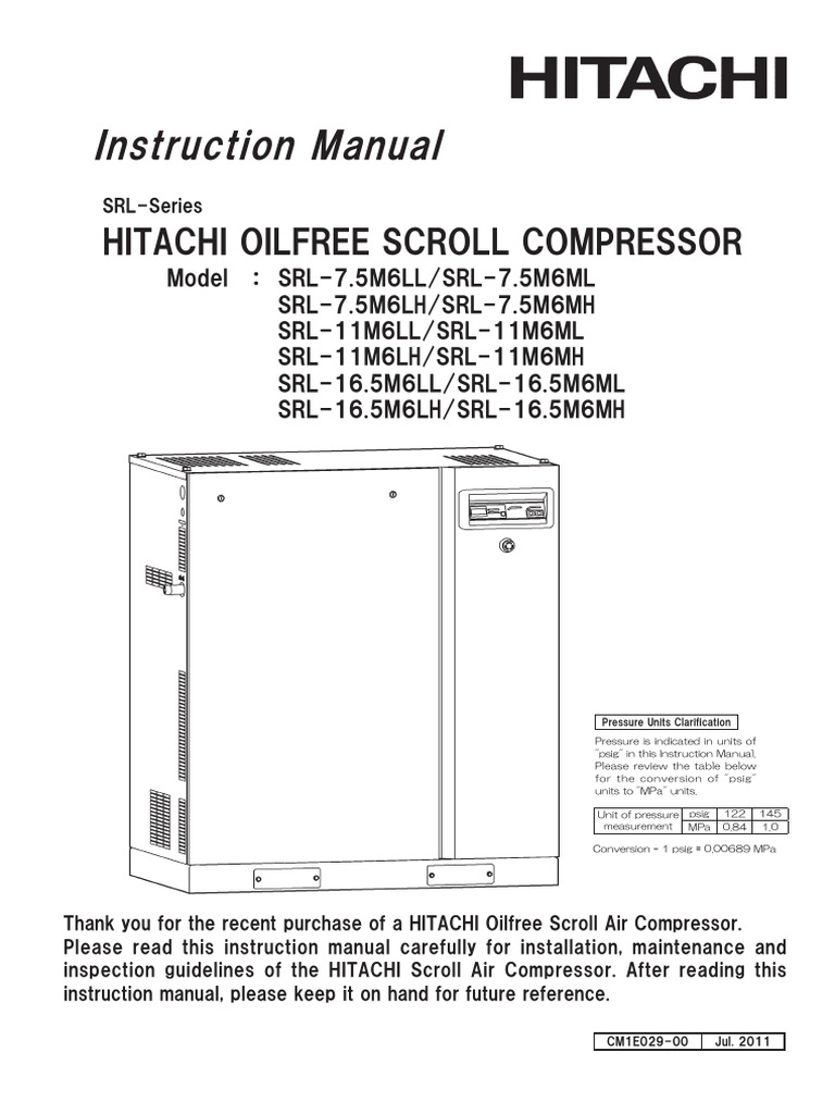 Hitachi SRL-Series Compressor Manual | PDF | Electrical Wiring | Switch