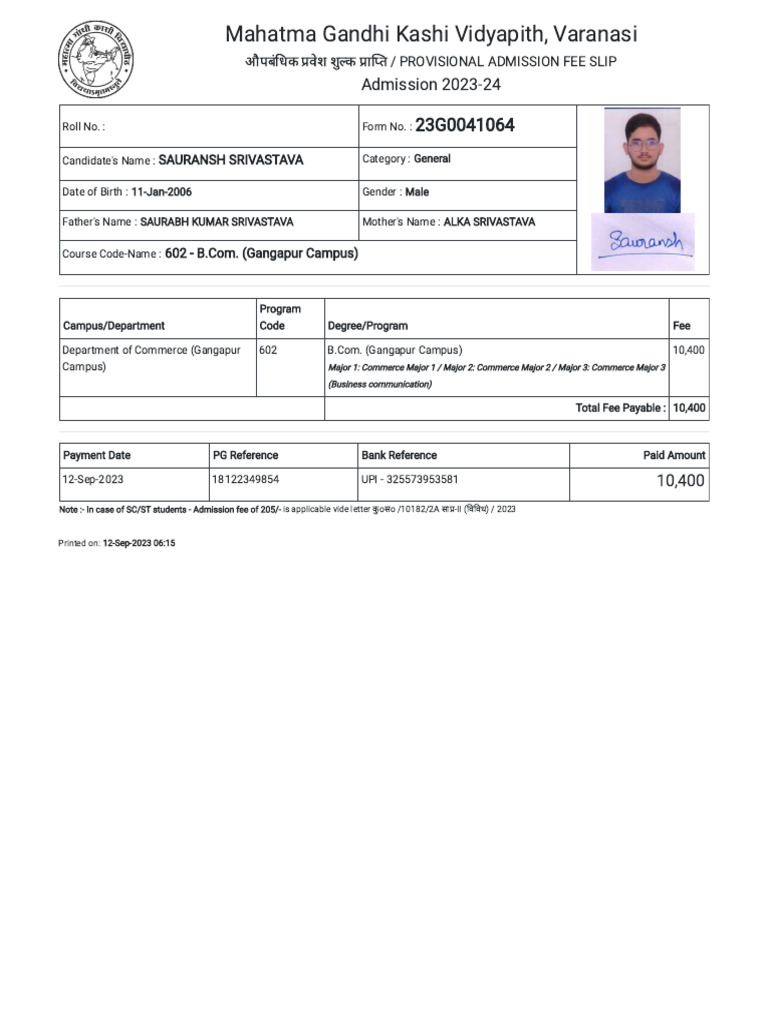 Admission Fee Reciept - (Campus Entrance 2023-24) Mahatma Gandhi Kashi Vidyapith, Varanasi | PDF