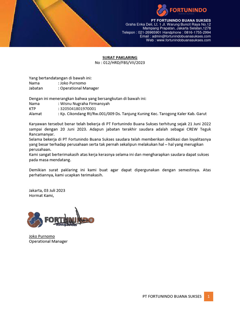 012 - Surat Paklaring - Wisnu Nugraha Firmansyah - PT FBS Jul 23 | PDF