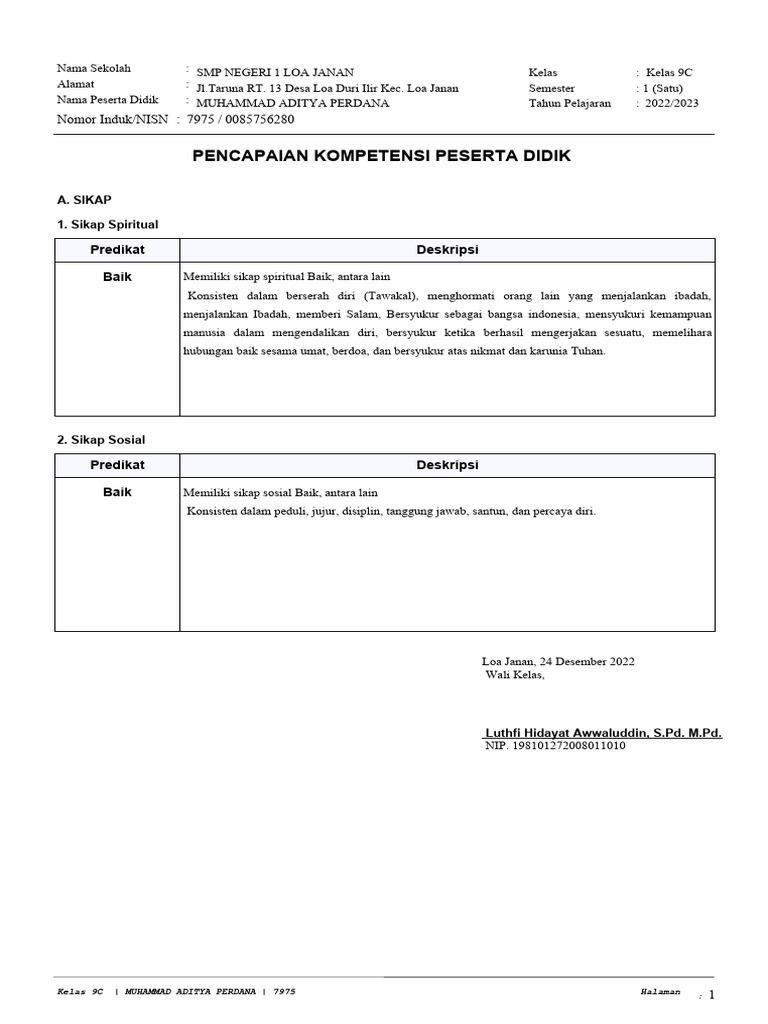Rapor - MUHAMMAD ADITYA PERDANA - 20221 | PDF