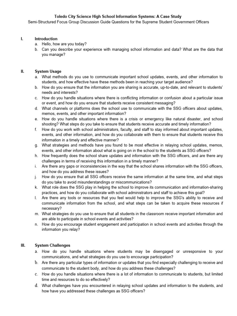 A. SSG OFFICERS - Focus Group Discussion Interview Guide Questions | PDF