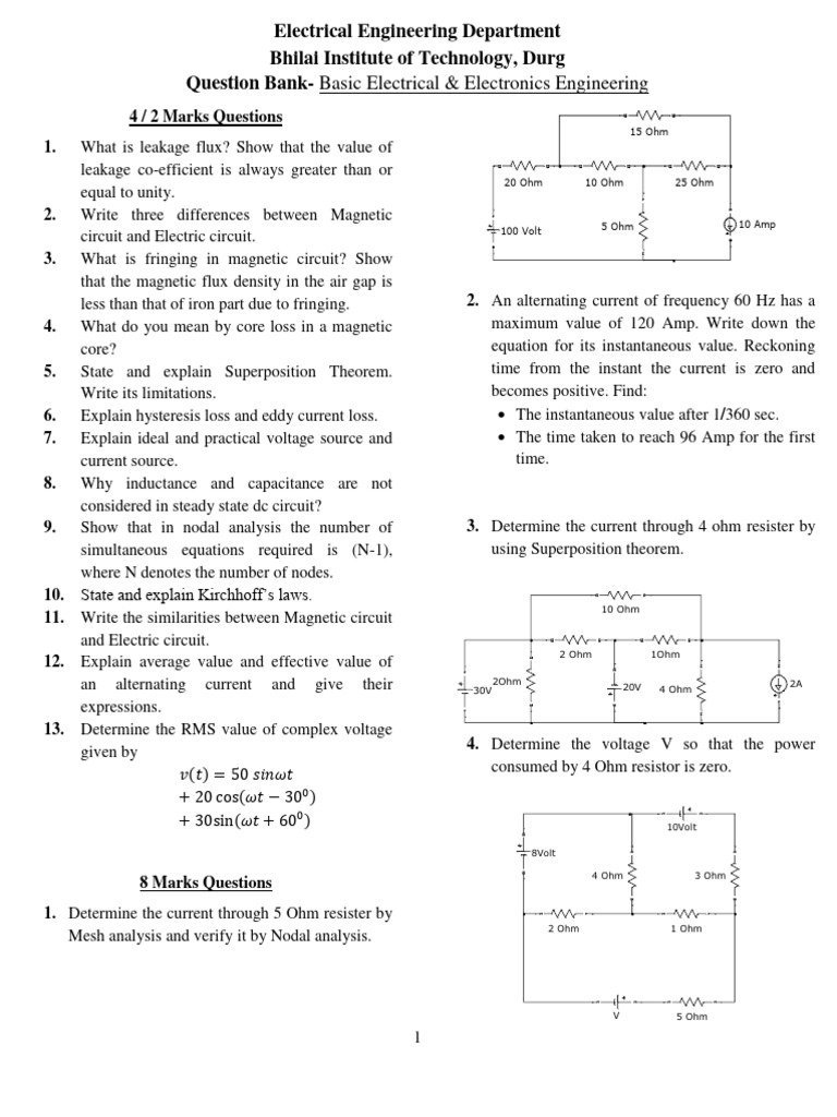Question Bank BEEE-1 | PDF | Electrical Network | Inductor
